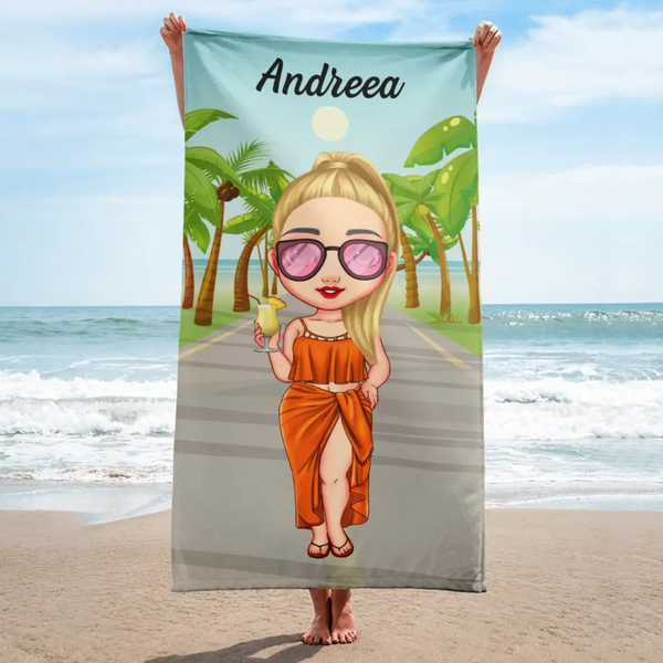 Prosop de plajă personalizat cu fată chibi - pe plajă - Canata.ro